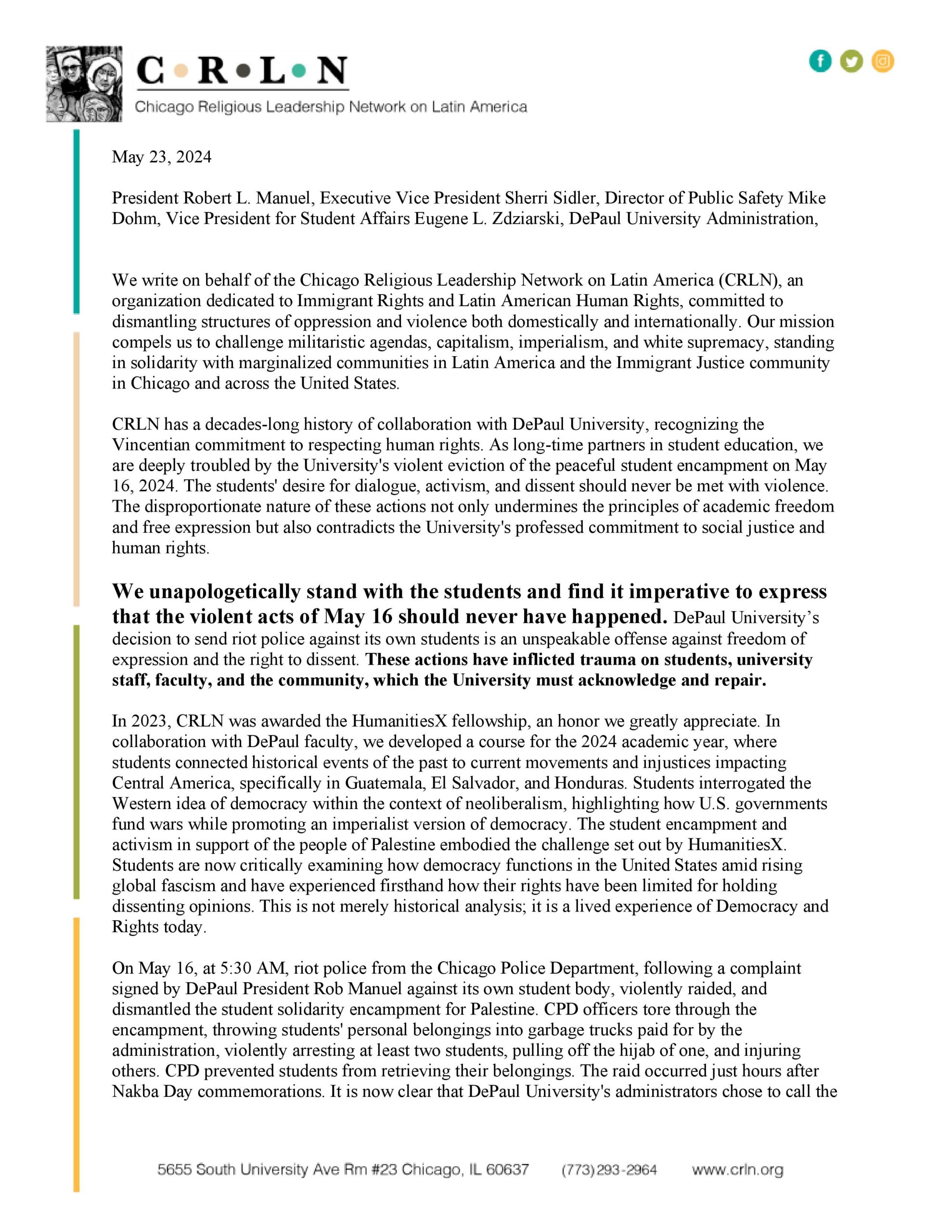 Solidarity Letter With DePaul University Encampment Students – CRLN