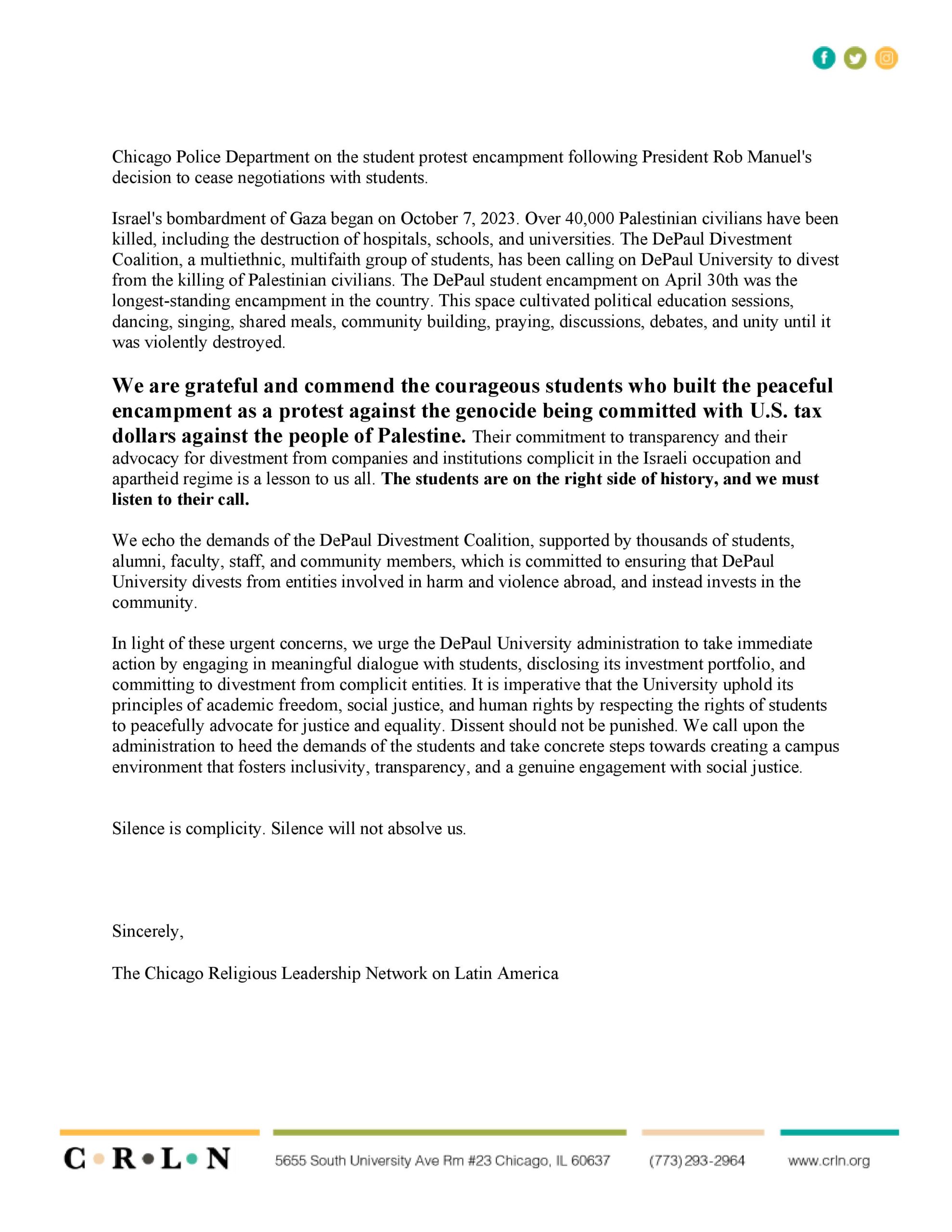 Solidarity Letter With DePaul University Encampment Students – CRLN