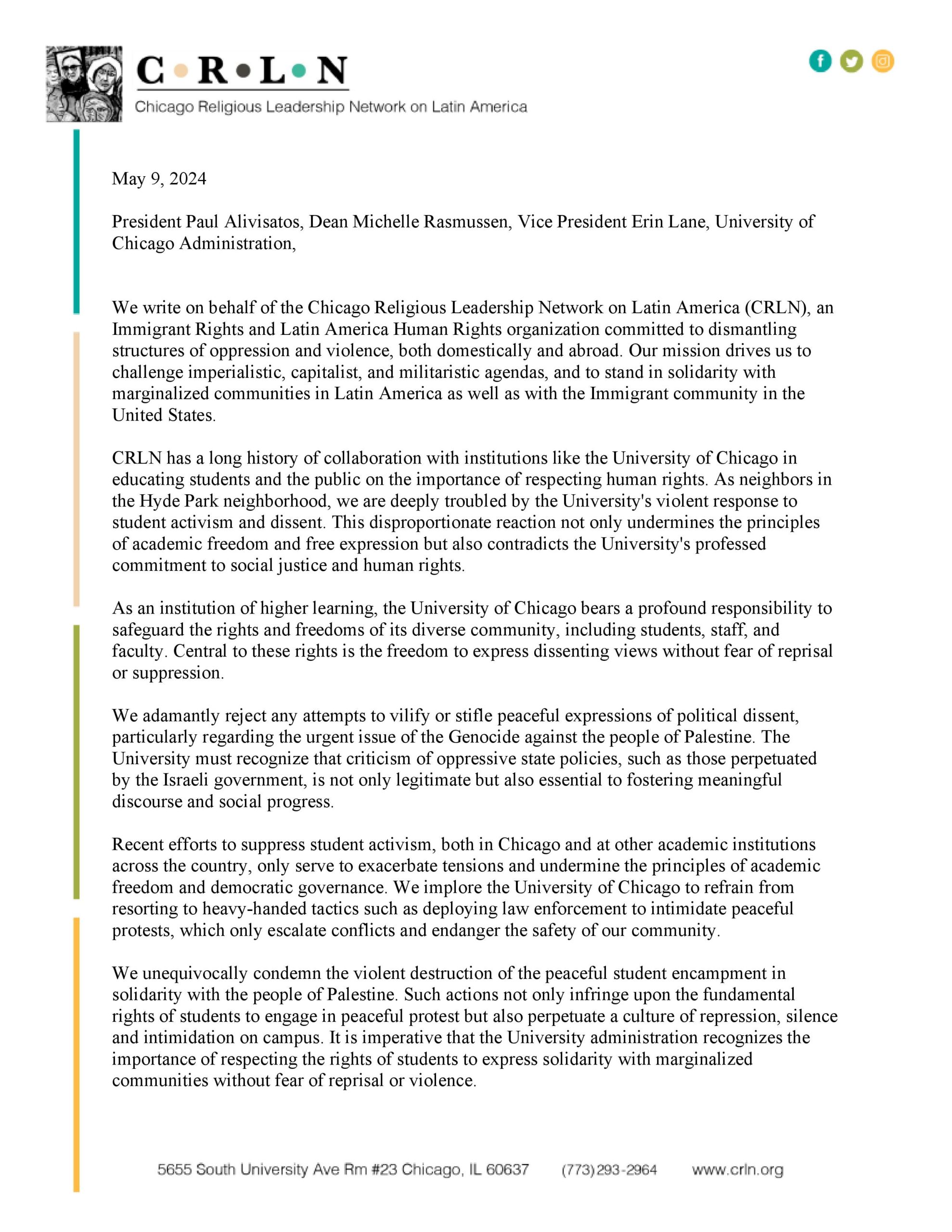 Solidarity Letter With University of Chicago Encampment Students – CRLN