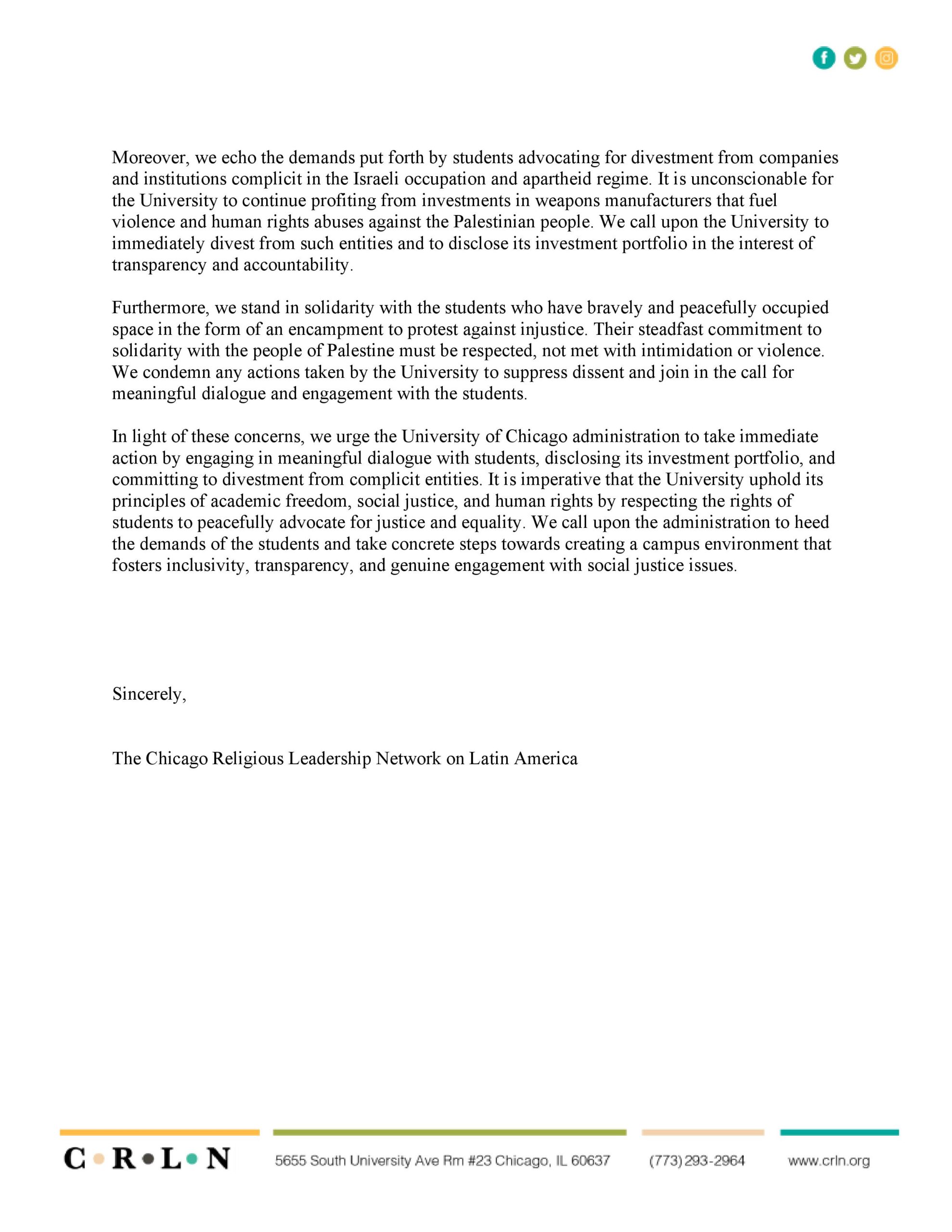 Solidarity Letter With University of Chicago Encampment Students – CRLN